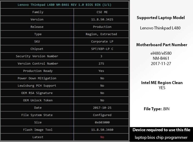 NM-B461 REV1.0 Clean ME BIOS BIN of Lenovo Thinkpad L480 - The Tech Stall